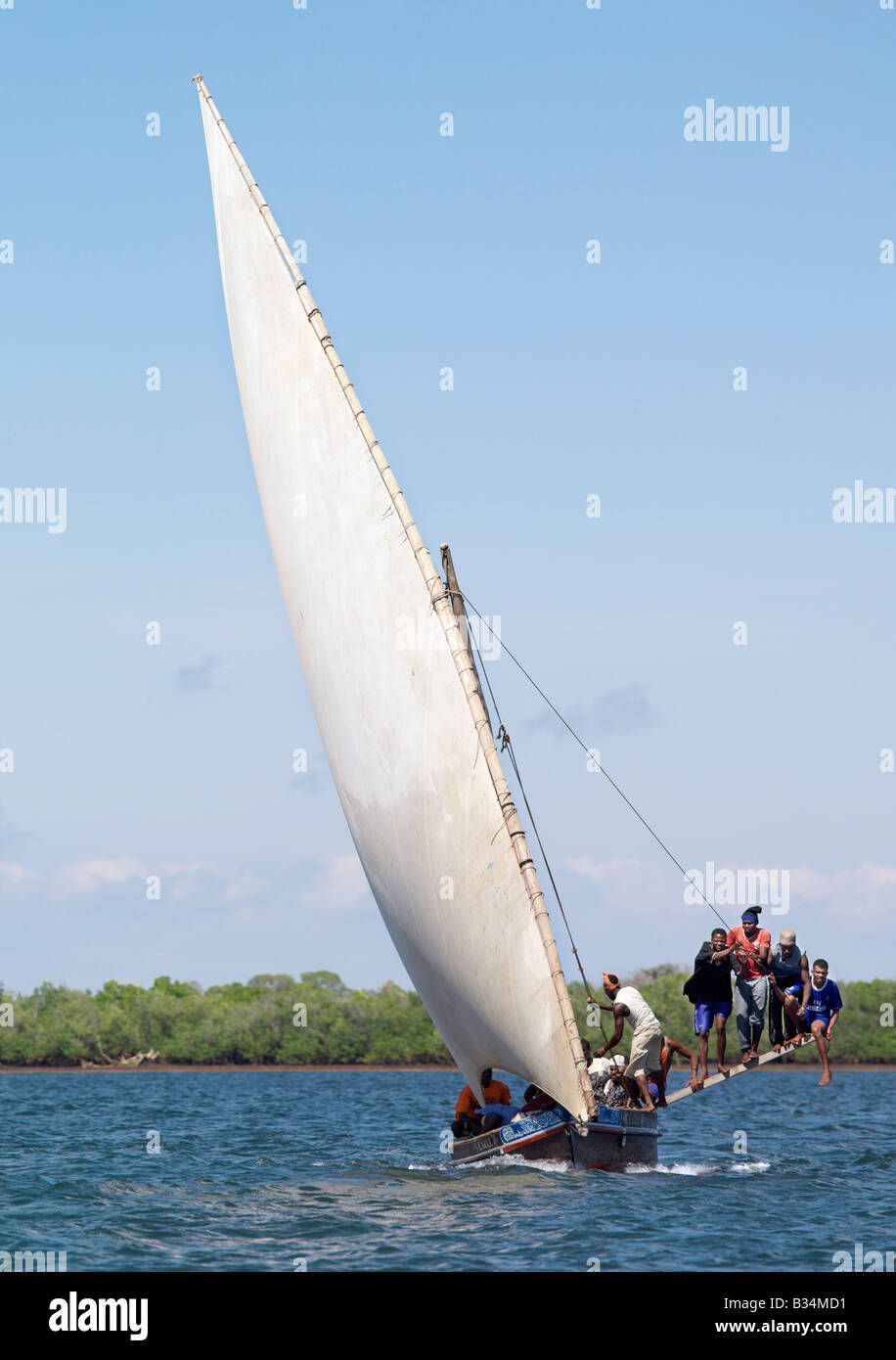 Kenya, Coast Province, Lamu Island. A dhow off Lamu Island. Dhow or Dau ...
