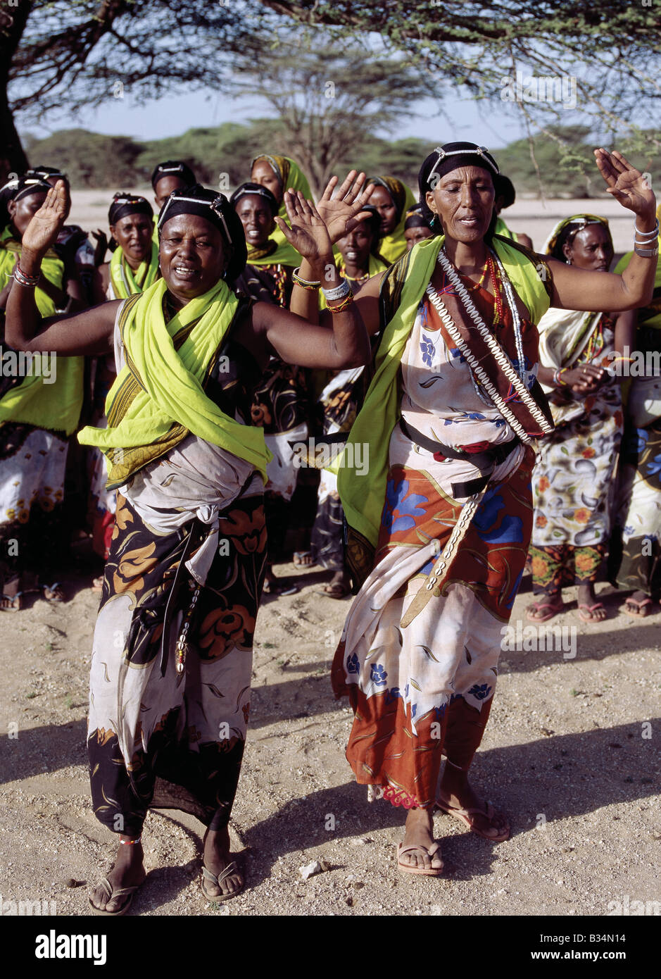Kenya, Marsabit District, Kalacha. Gabbra women sing and dance to ...