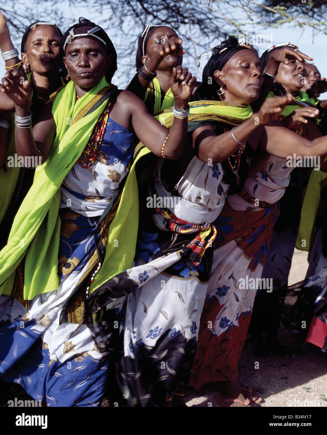Kenya, Marsabit District, Kalacha. Gabbra women sing and dance to ...