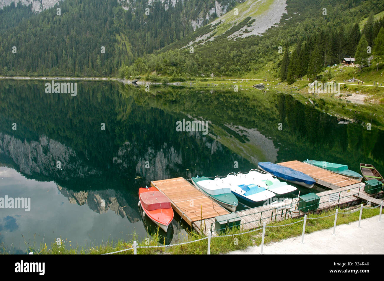 Austria Upper Austria Gosau Lake Gosau in the Dachstein Mountains boats ...