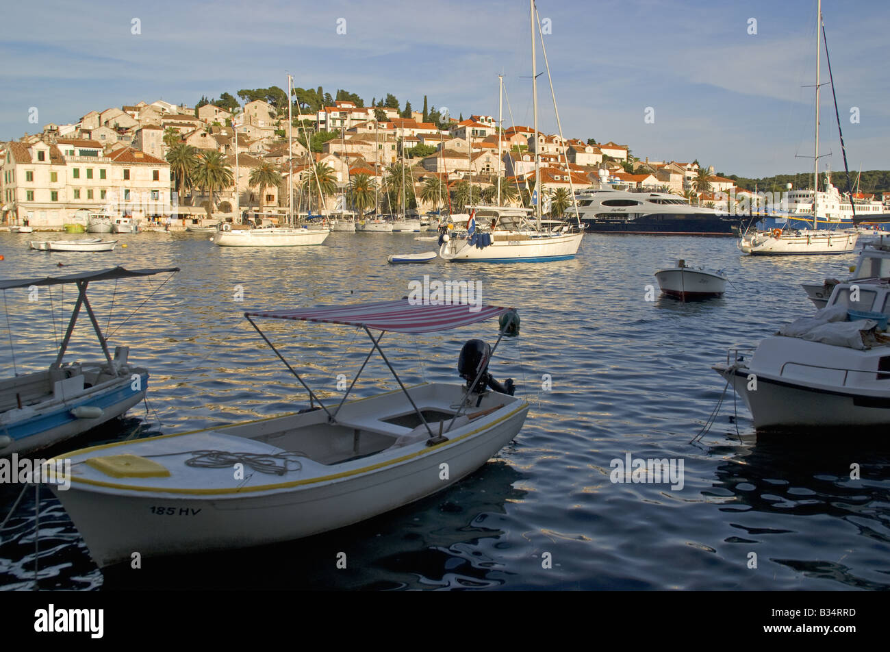 Hvar harbour marina and town on island of Hvar in Adriatic Stock Photo ...