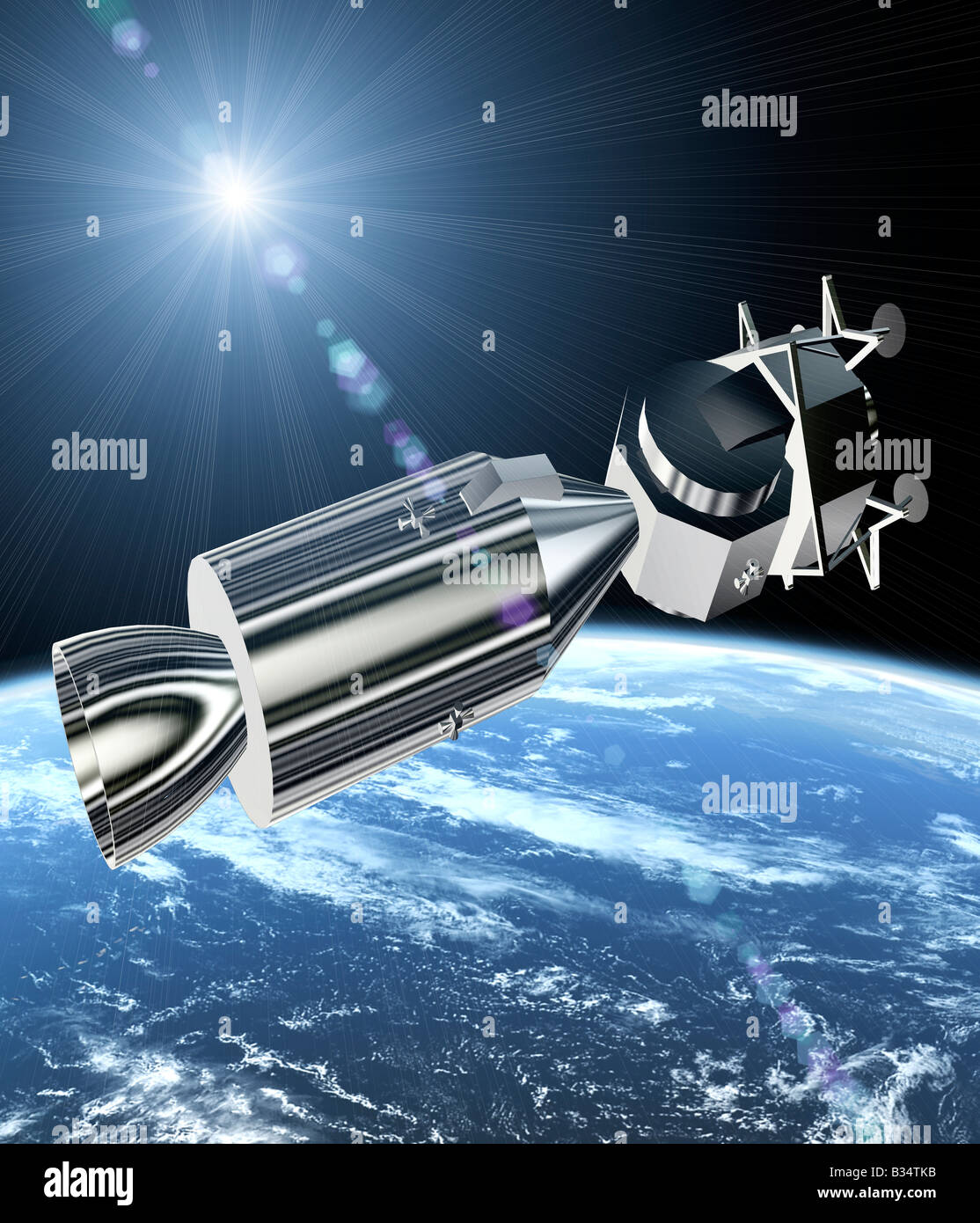 computer generated space vehicle composited on NASA image of the earth ...