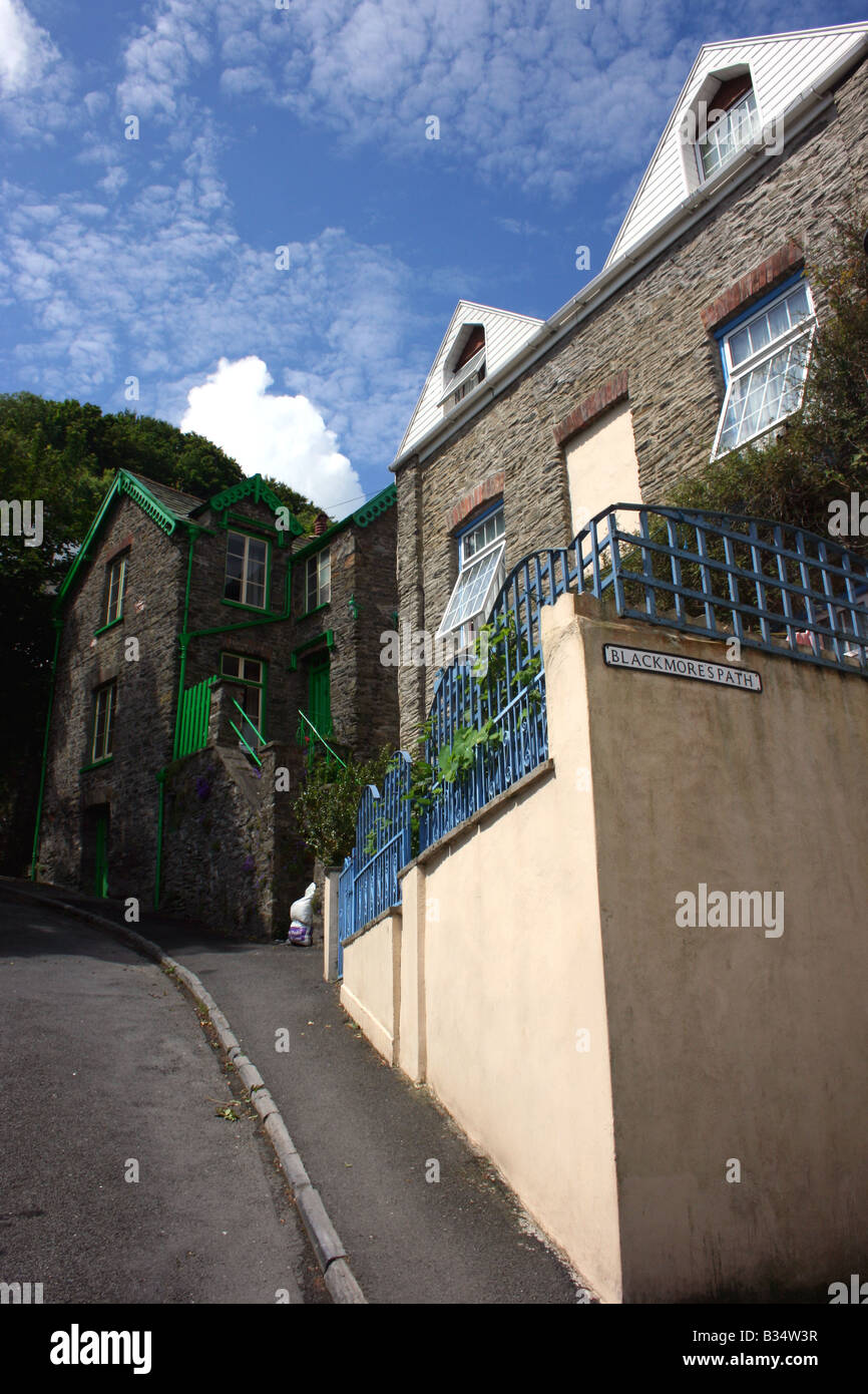 Steep hill in back street on Devon village of Lynton, Devon, England ...