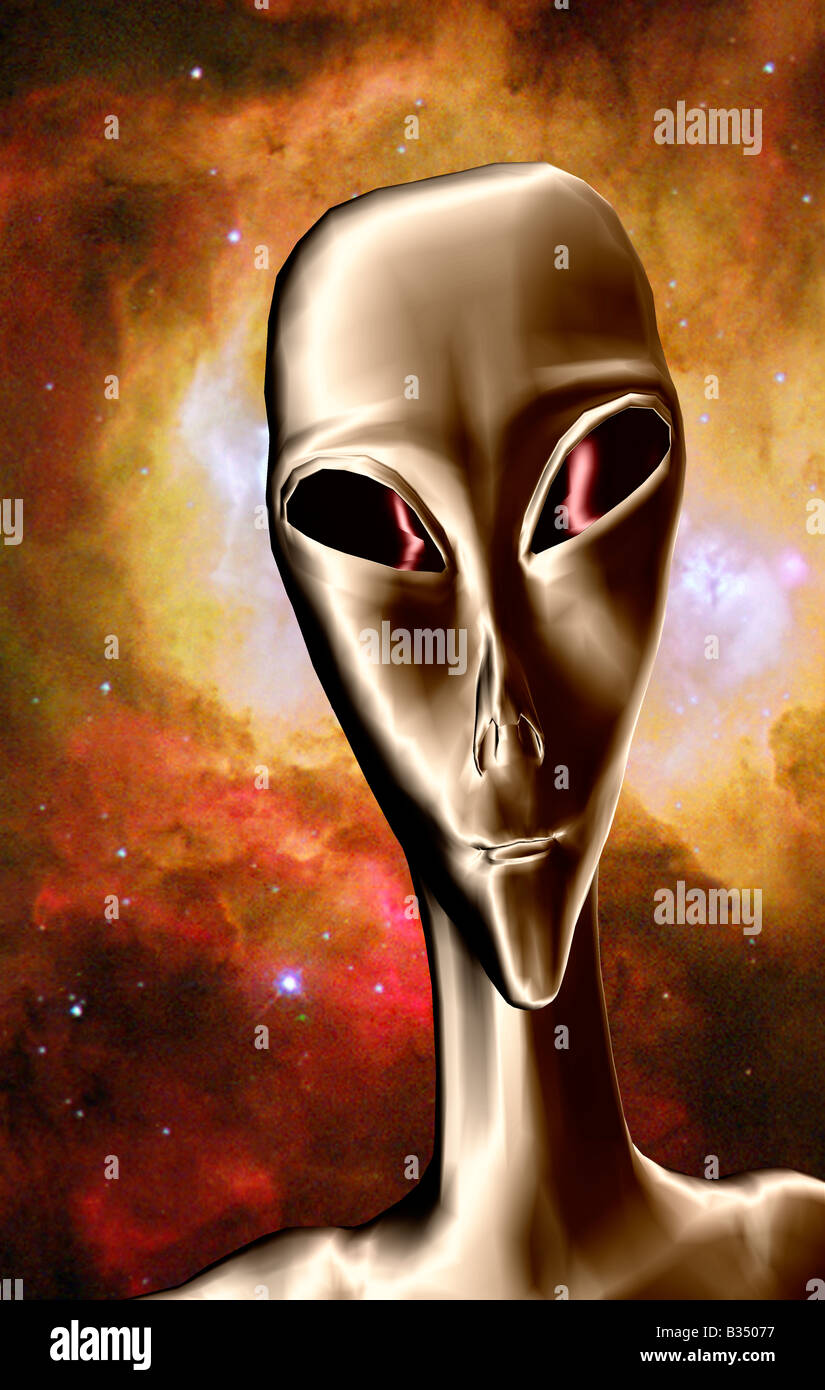 futuristic 3D computer generated bionic male alien head on background ...