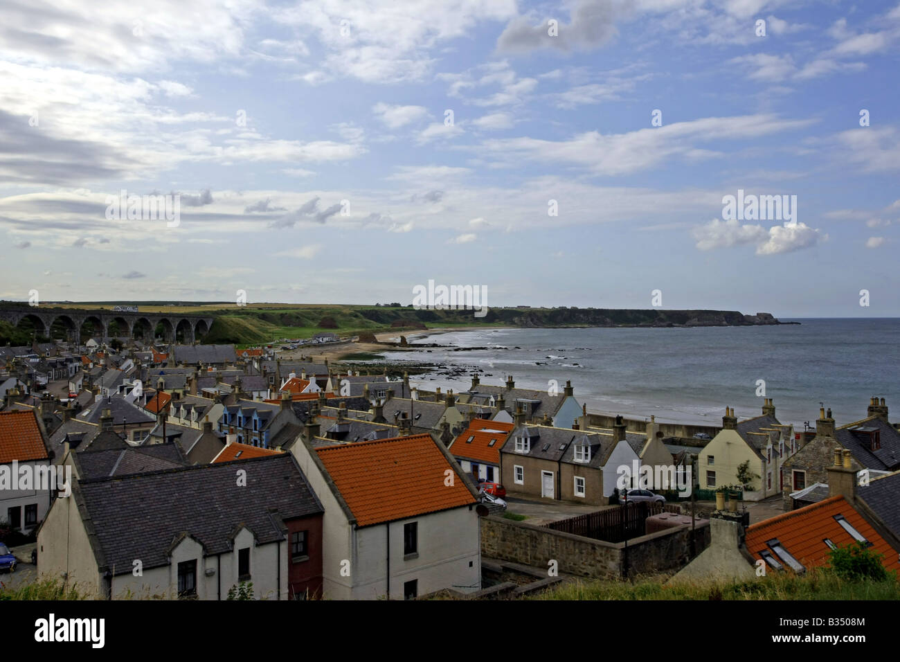 Former fishing village of Cullen showing viaduct on the north coast in ...