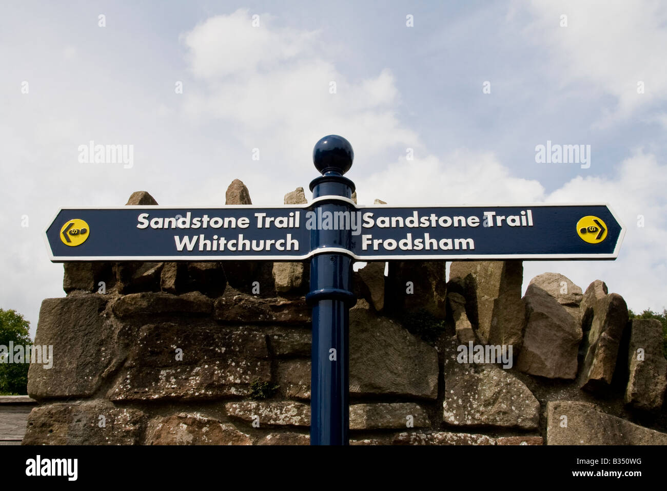 Sandstone Trail waymark / signpost outside Beeston Castle, Cheshire ...
