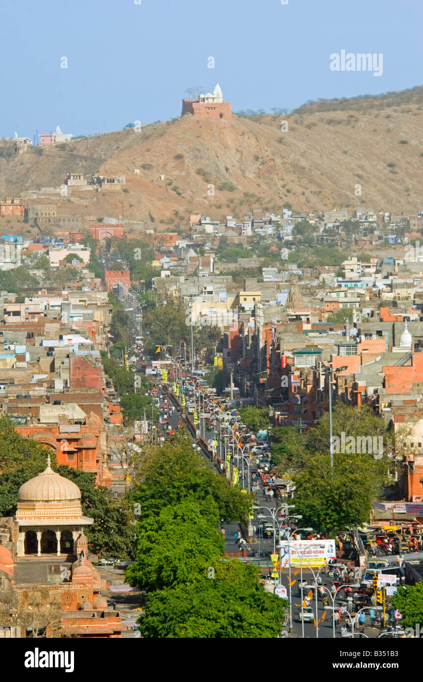 An aerial view of Jaipur, the Pink City, with the tree lined avenue of ...