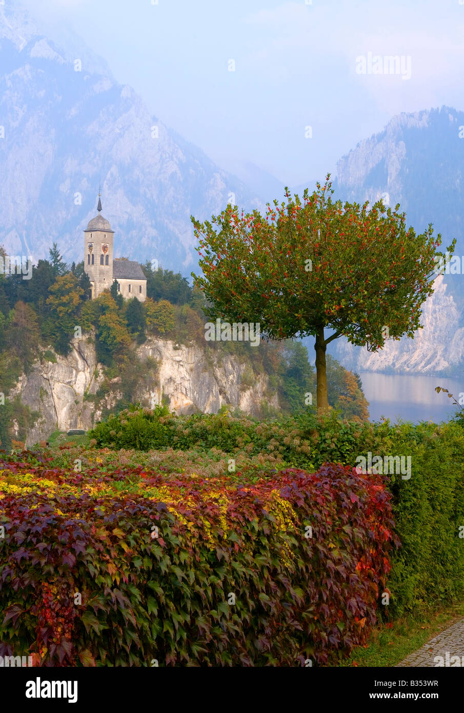 Pictorial church of Traunkirchen with Traunstein Mt Austria Stock Photo ...