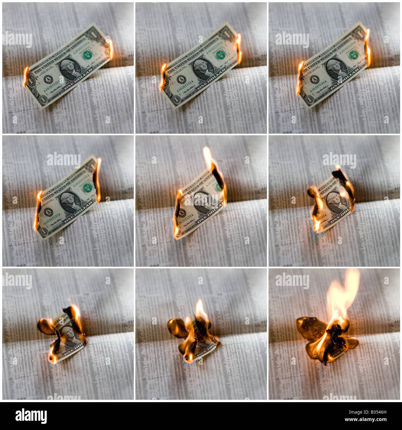 COMPOSITE WITH 9 PICTURES OF ONE US DOLLAR BILL BURNING ON FINANCIAL ...