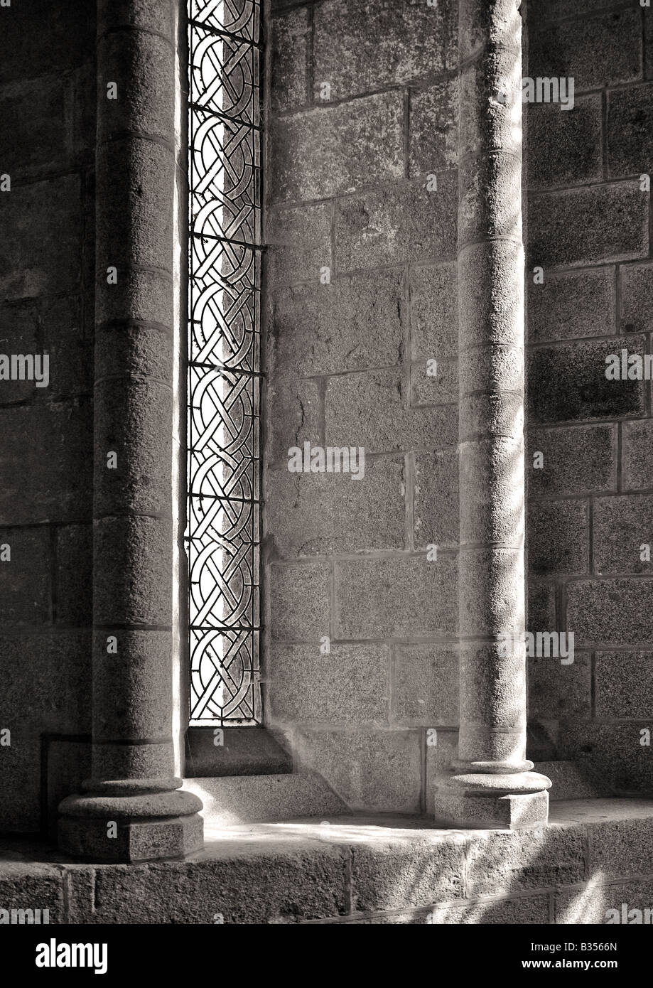 A black and white picture of a window in the refectory of the Mont ...