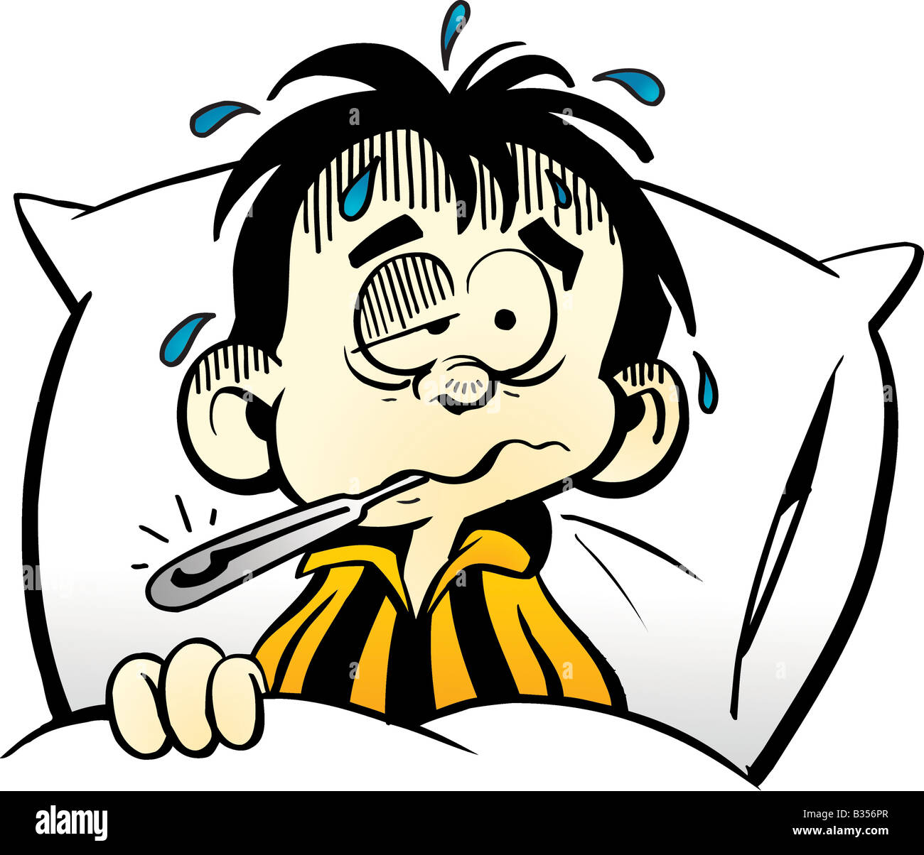 Comic boy character lying sick in bed with thermometer in mouth Stock ...
