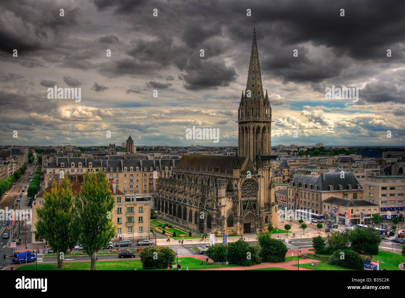 A view of downtown Caen with the gothic church of St Pierre and the ...