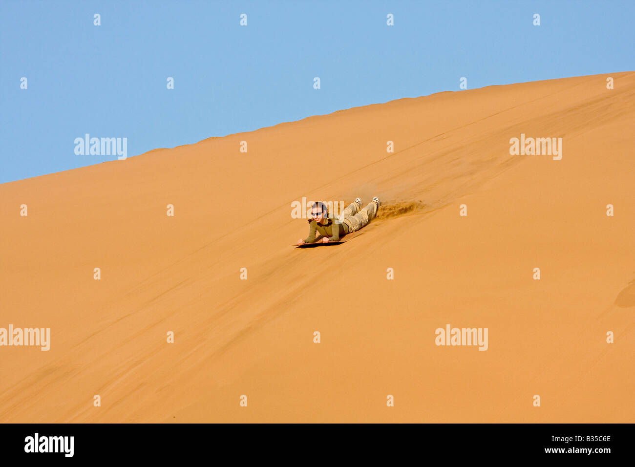 A tourist woman sandboards by sliding down a sand dune on a polished ...