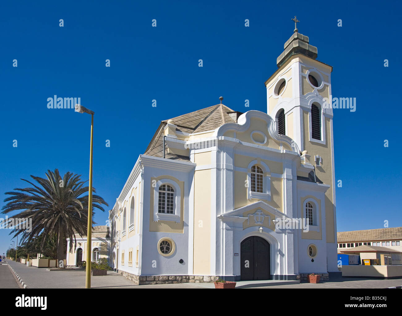 German style architecture of Swakopmund coastal Namibia town with ...