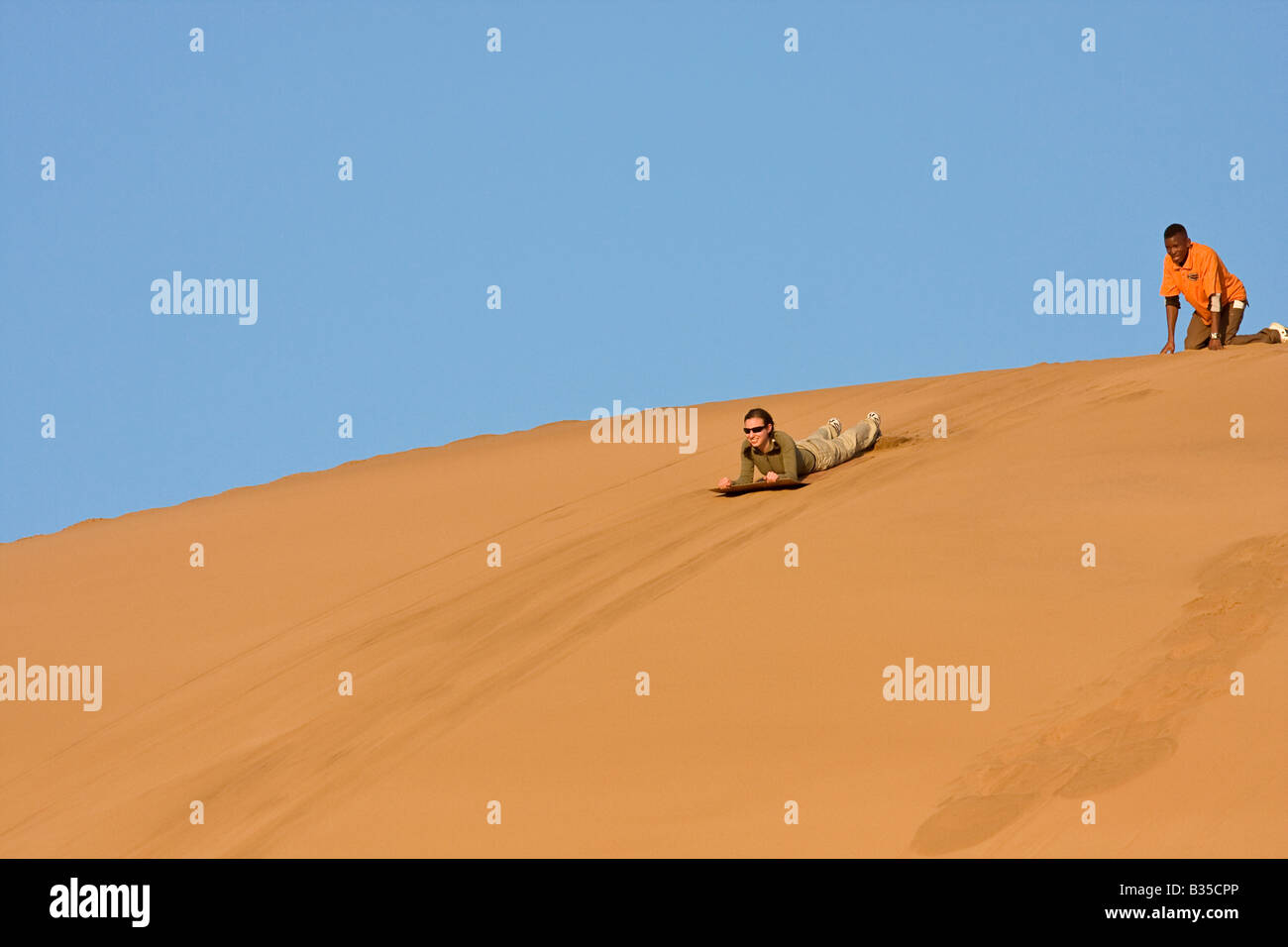 A tourist woman sandboards by sliding down a sand dune on a polished ...