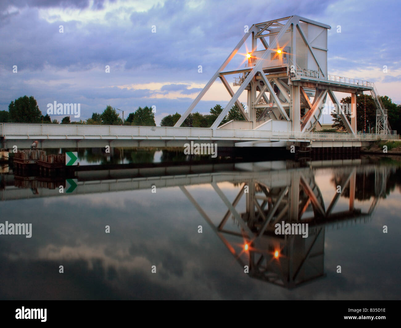 A night view of the Pegasus Bridge near to Bénouville in Normandy ...