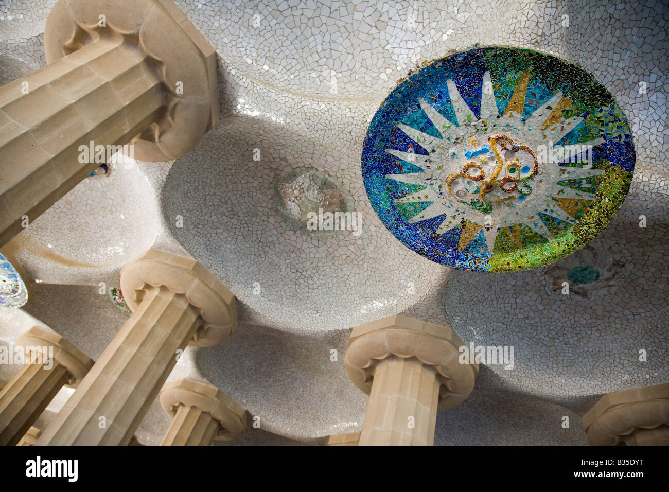 SPAIN Barcelona Detail of ceiling in Hall of 100 columns Parc Guell ...
