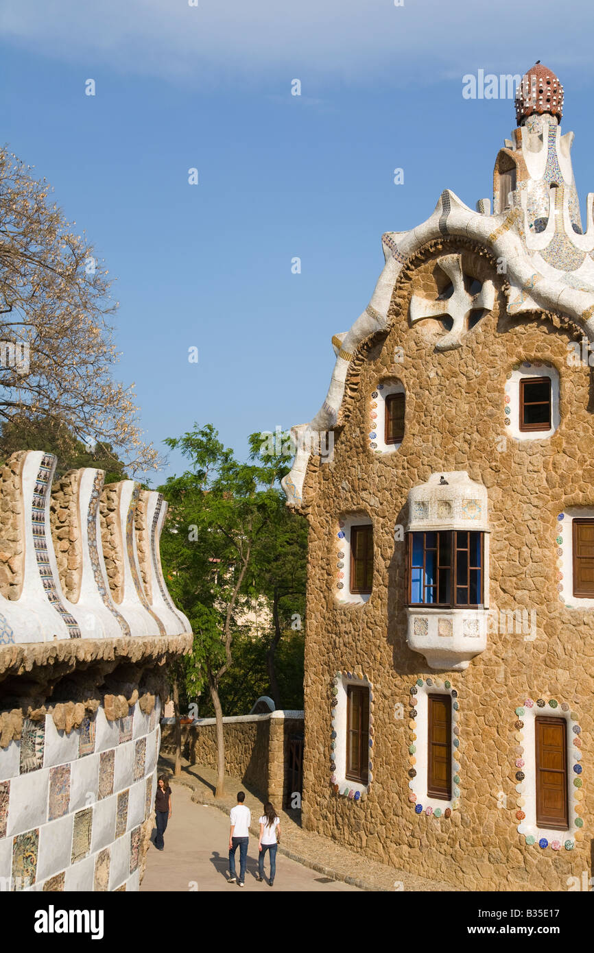 SPAIN Barcelona Mosaic patterns on building and columns in Parc Guell ...