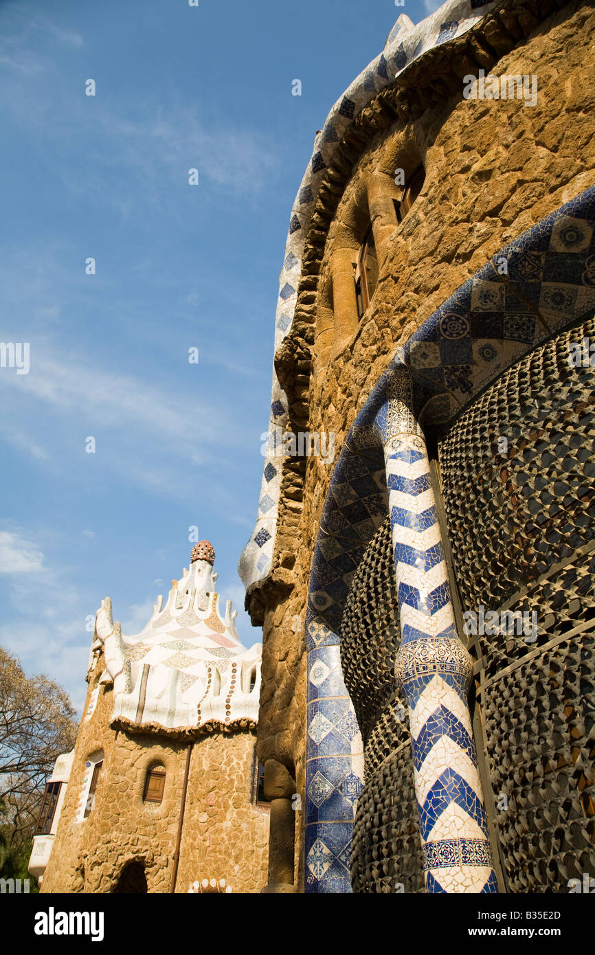 SPAIN Barcelona Mosaic patterns on building in Parc Guell designed ...