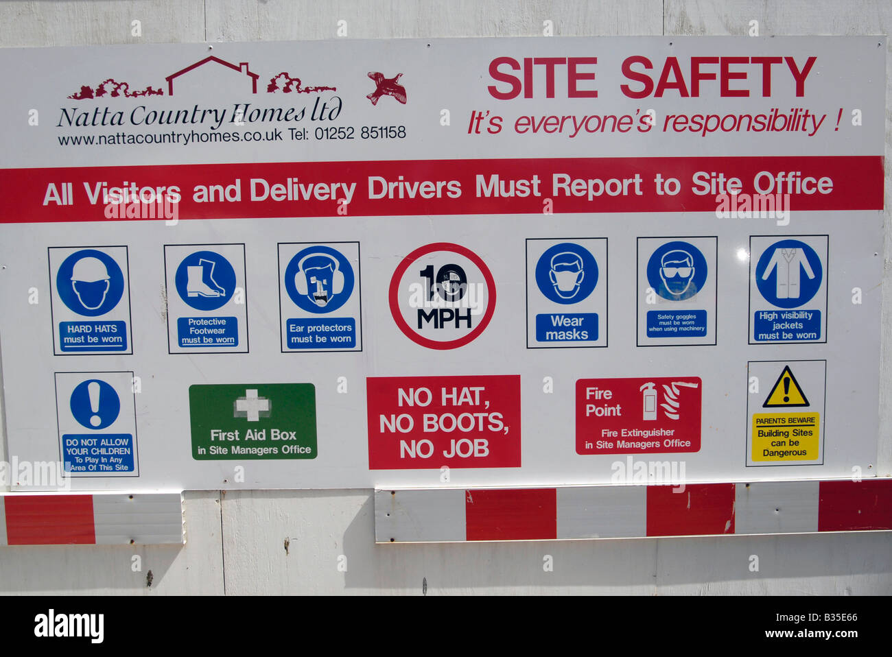 Health and safety awareness and warning signs for site safety displayed ...