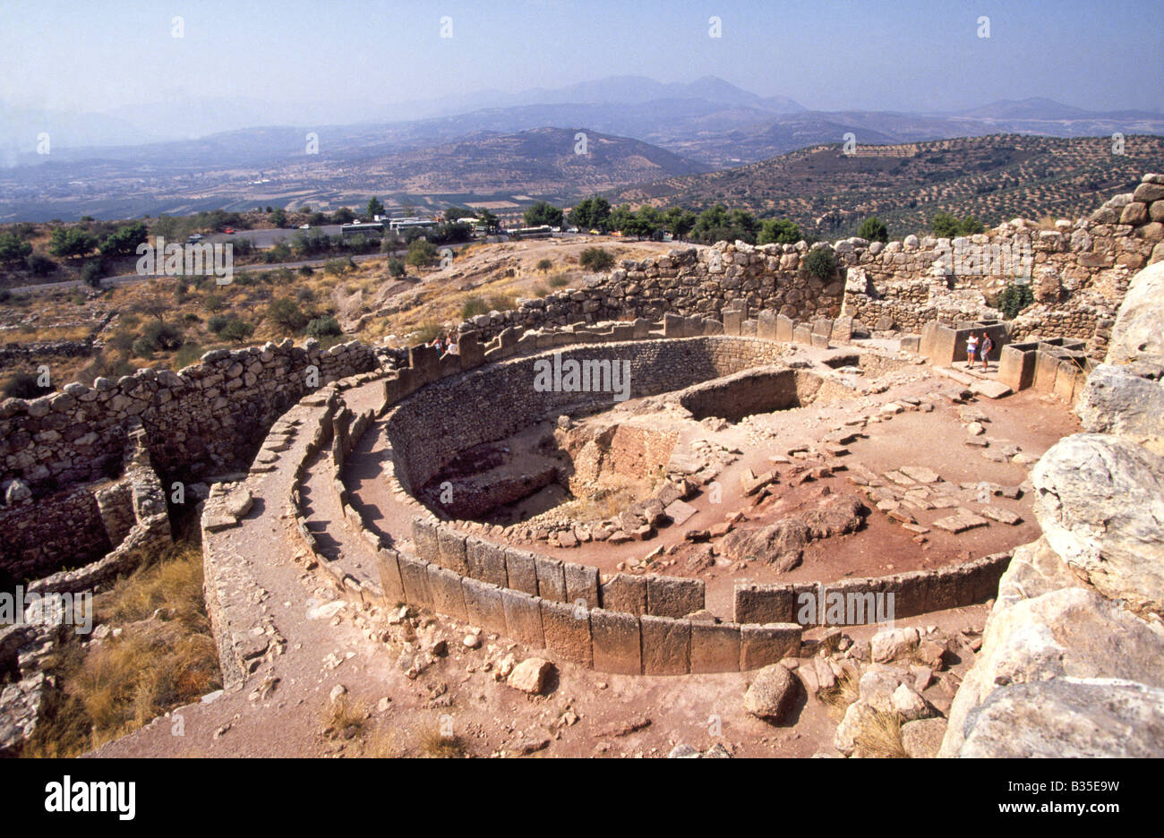 A view of the ruined city of Mycenae, Greece, and the surrounding hills ...