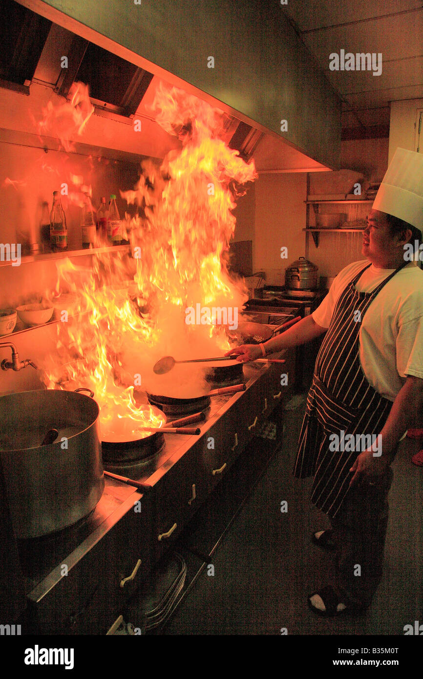 Male Thai Chef cooking with flaming wok in a restaurant kitchen ...