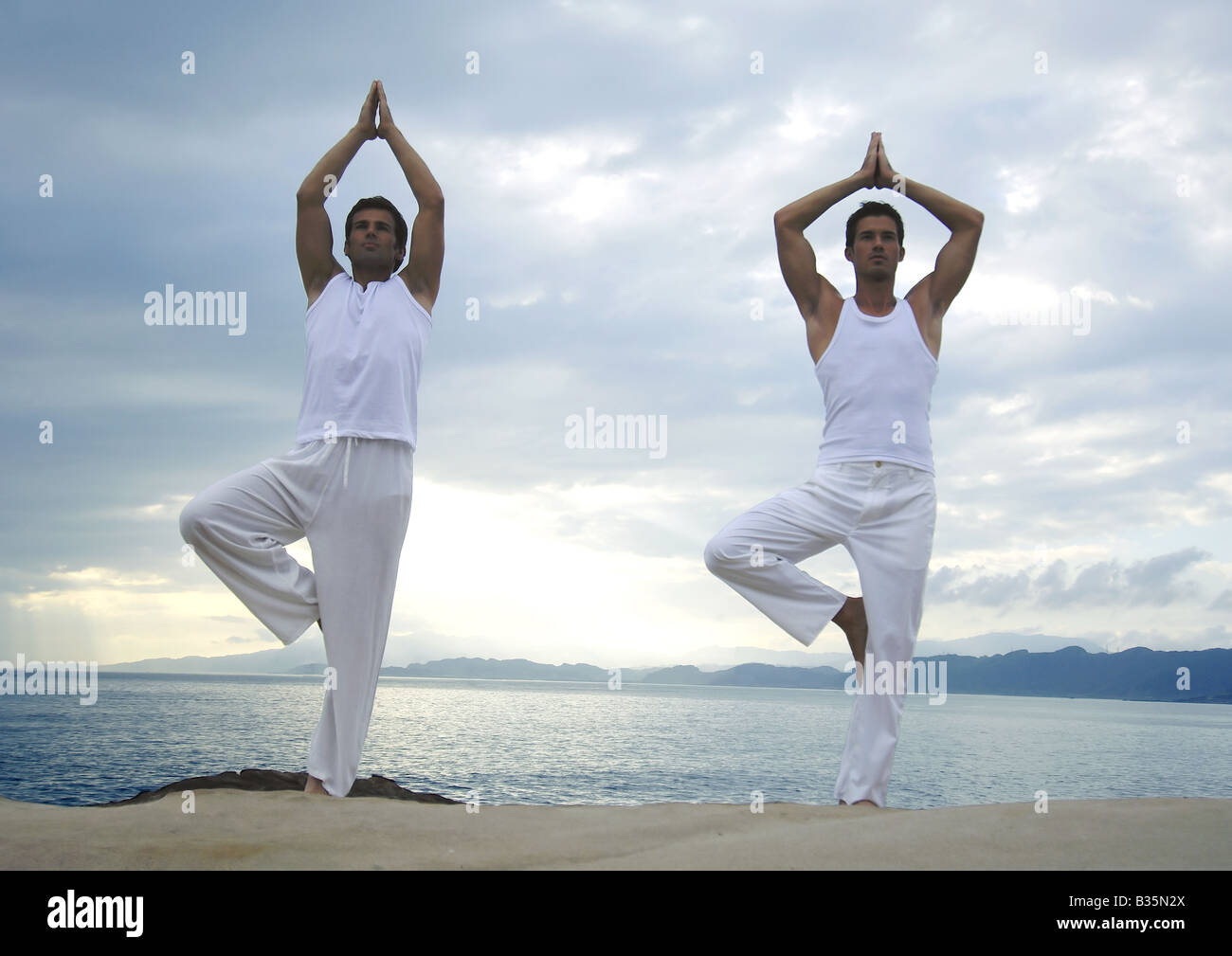 Low angle view of two young men practicing yoga in the tree pose Stock ...