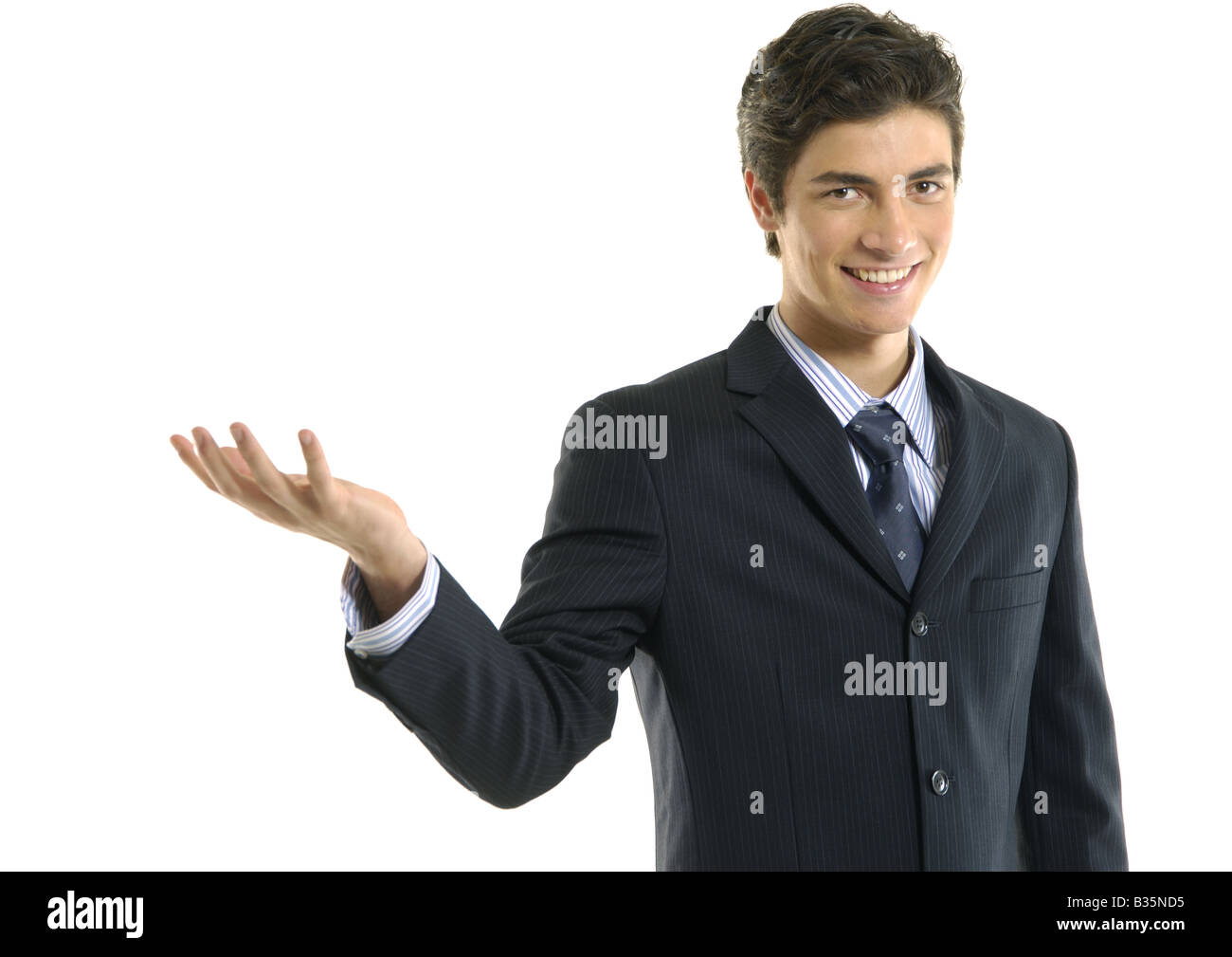 Portrait of a businessman gesturing and smiling Stock Photo - Alamy