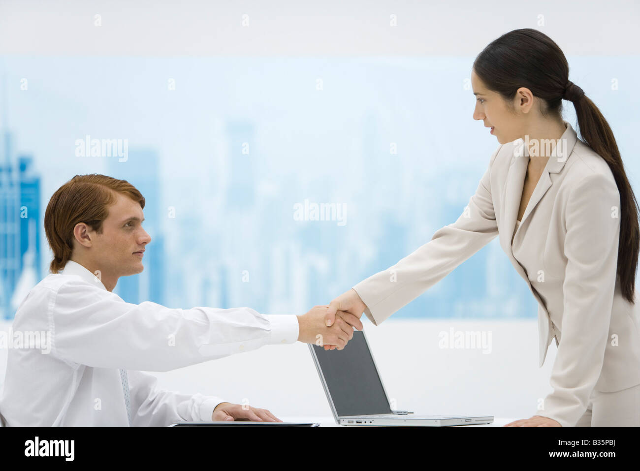 Young professionals shaking hands, man sitting, woman standing, side ...