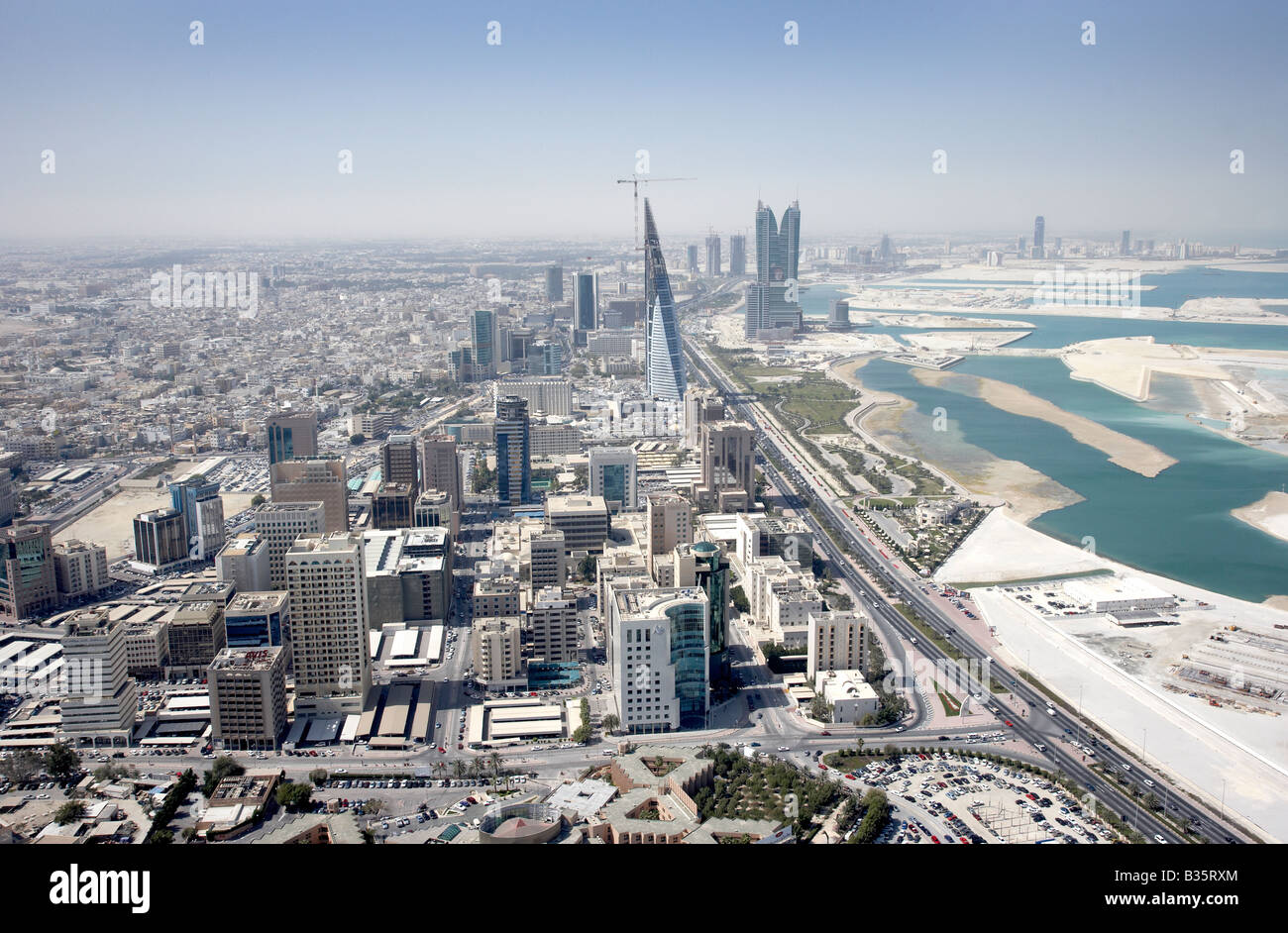 Aerial photo of Manama with the Bahrain World Trade Centre Center ...