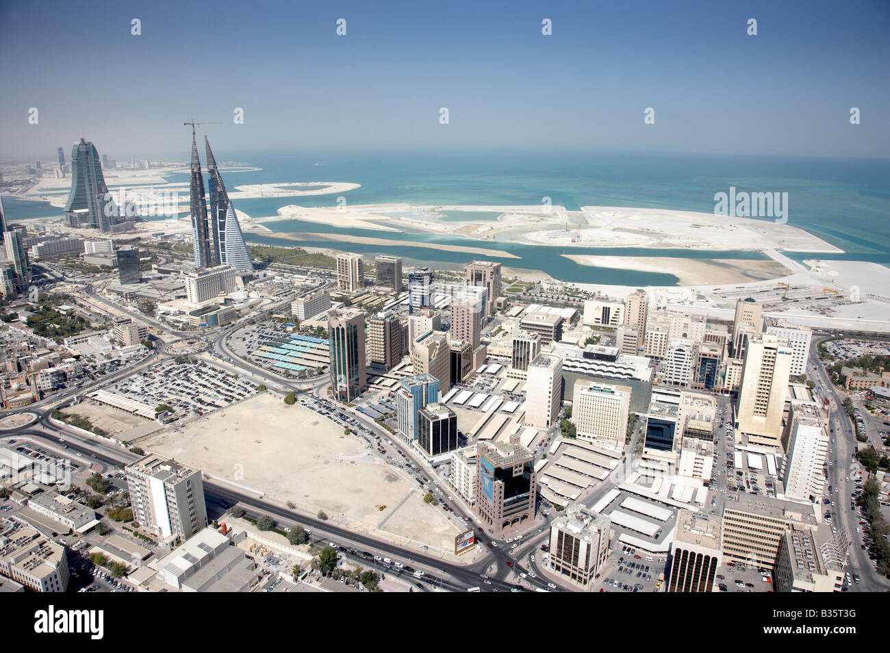 Aerial photo of Manama with the Bahrain World Trade Centre Center ...