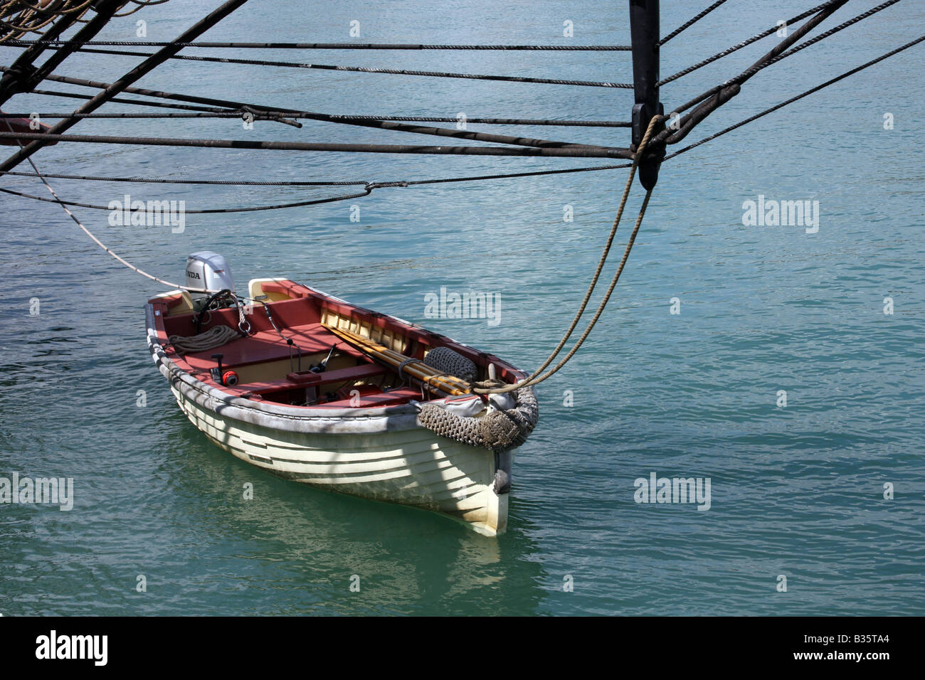 A dingy boat tied up to the US Brig Niagara dock in Port Washington ...