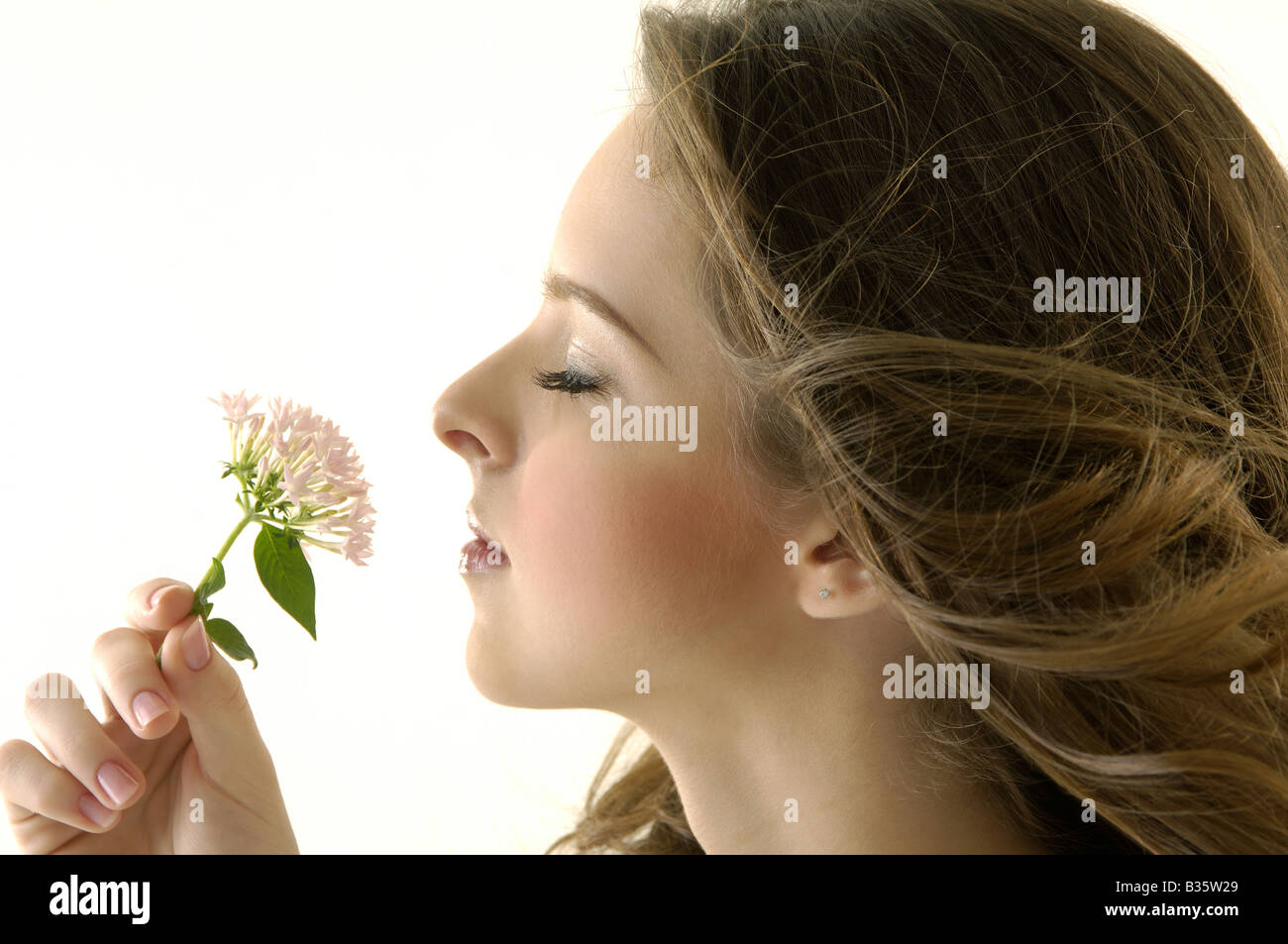Close-up of a young woman smelling a flower Stock Photo - Alamy