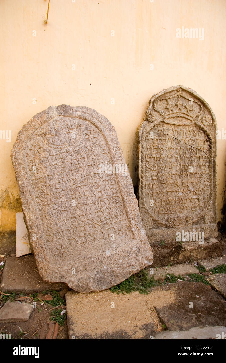 Stones inscribed in Hebraic script at the Pardesi Synagogue in Jew Town ...