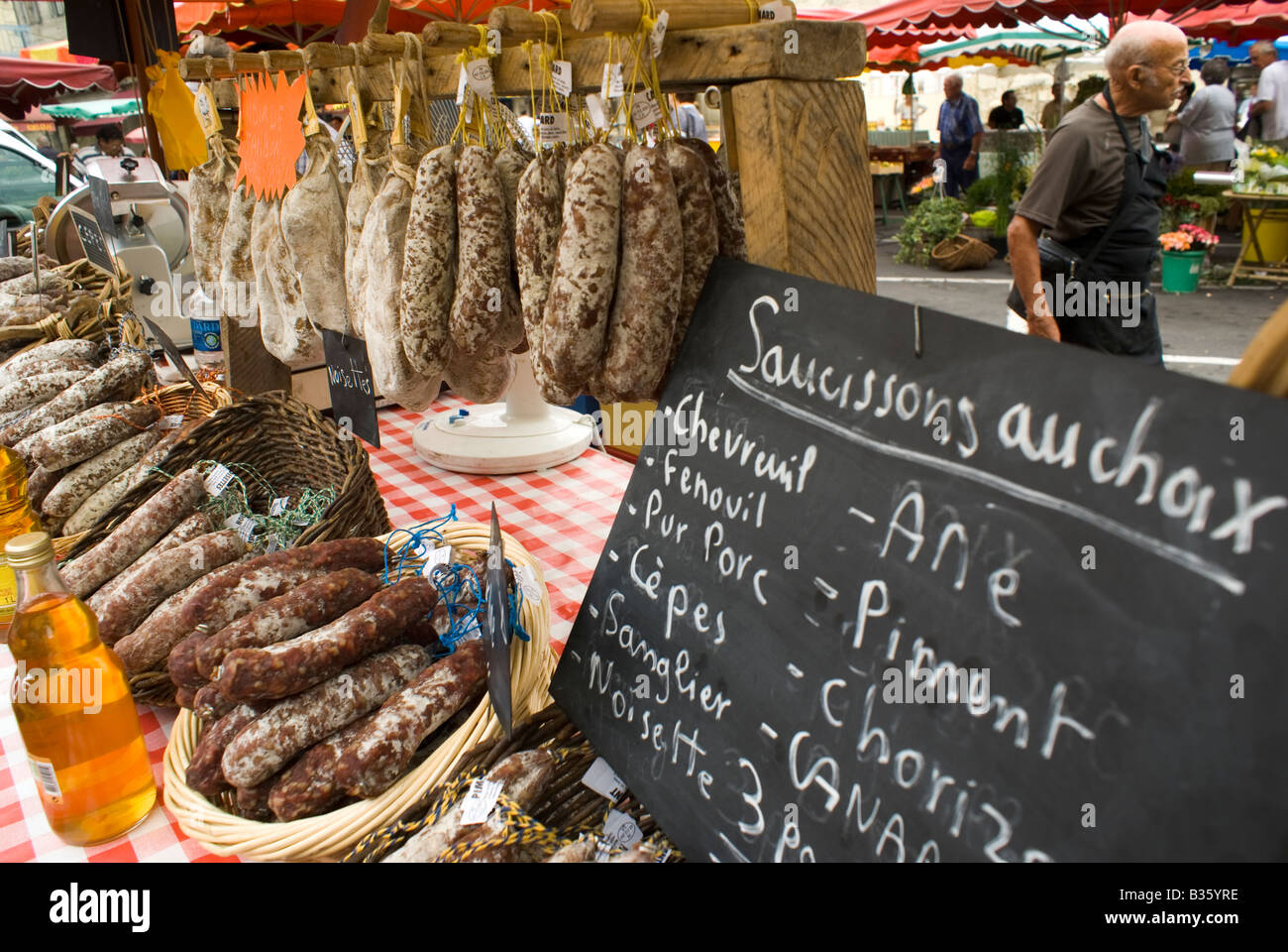 French Saucissons stall at a traditional french farmers market Stock ...