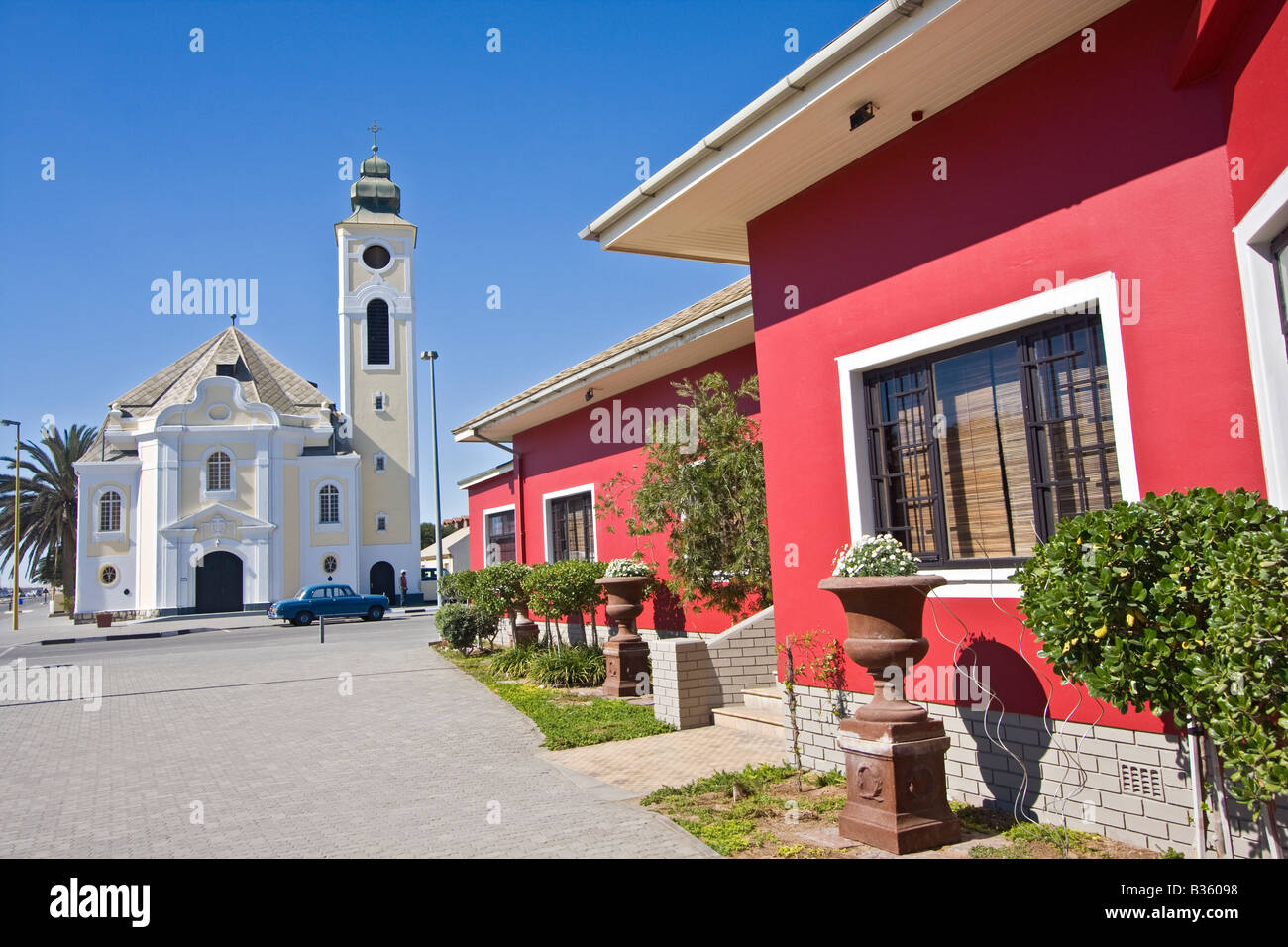 German style architecture of Swakopmund coastal Namibia town with ...