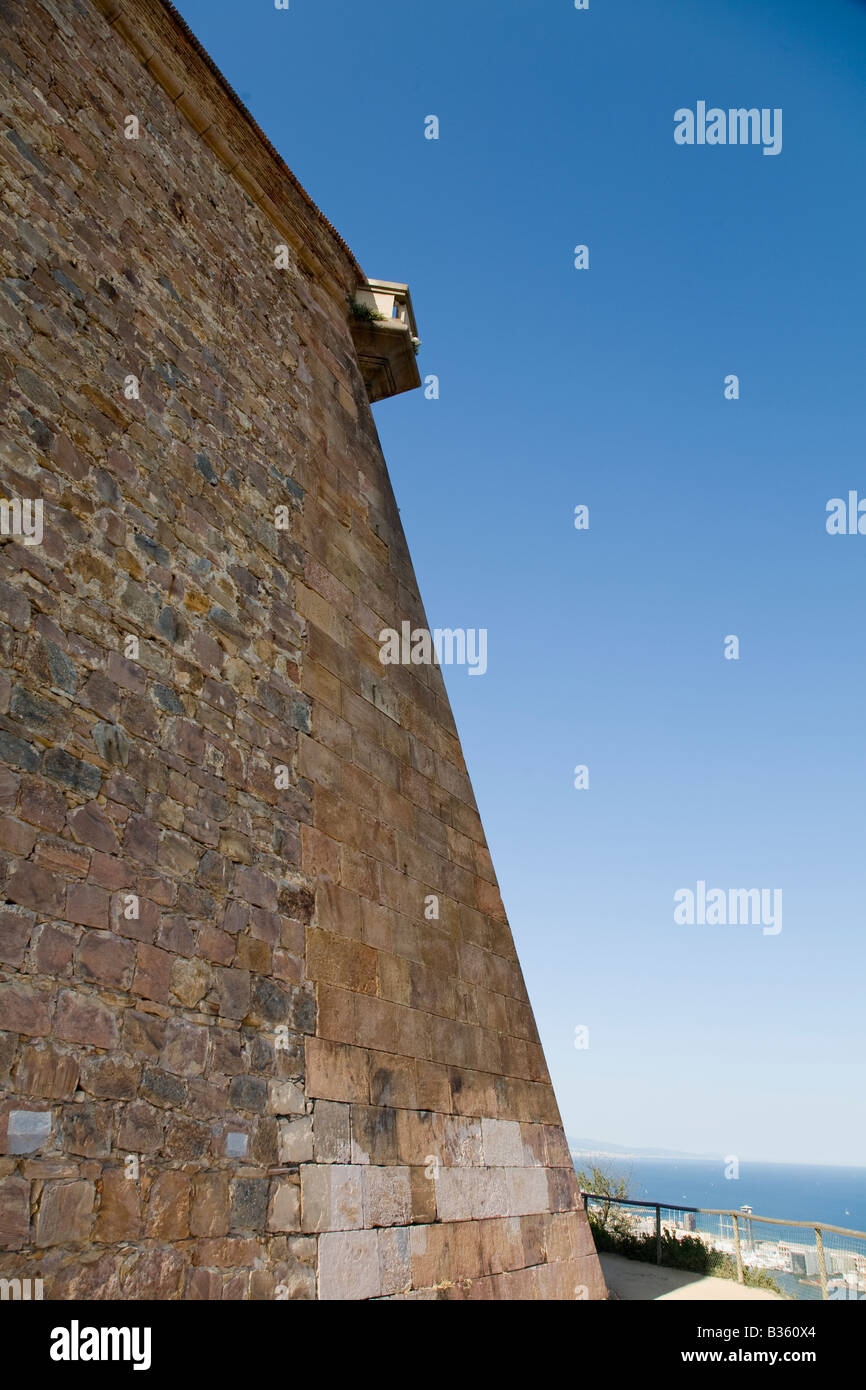 SPAIN Barcelona Stone wall and sentry towers of Castle of Montjuic ...