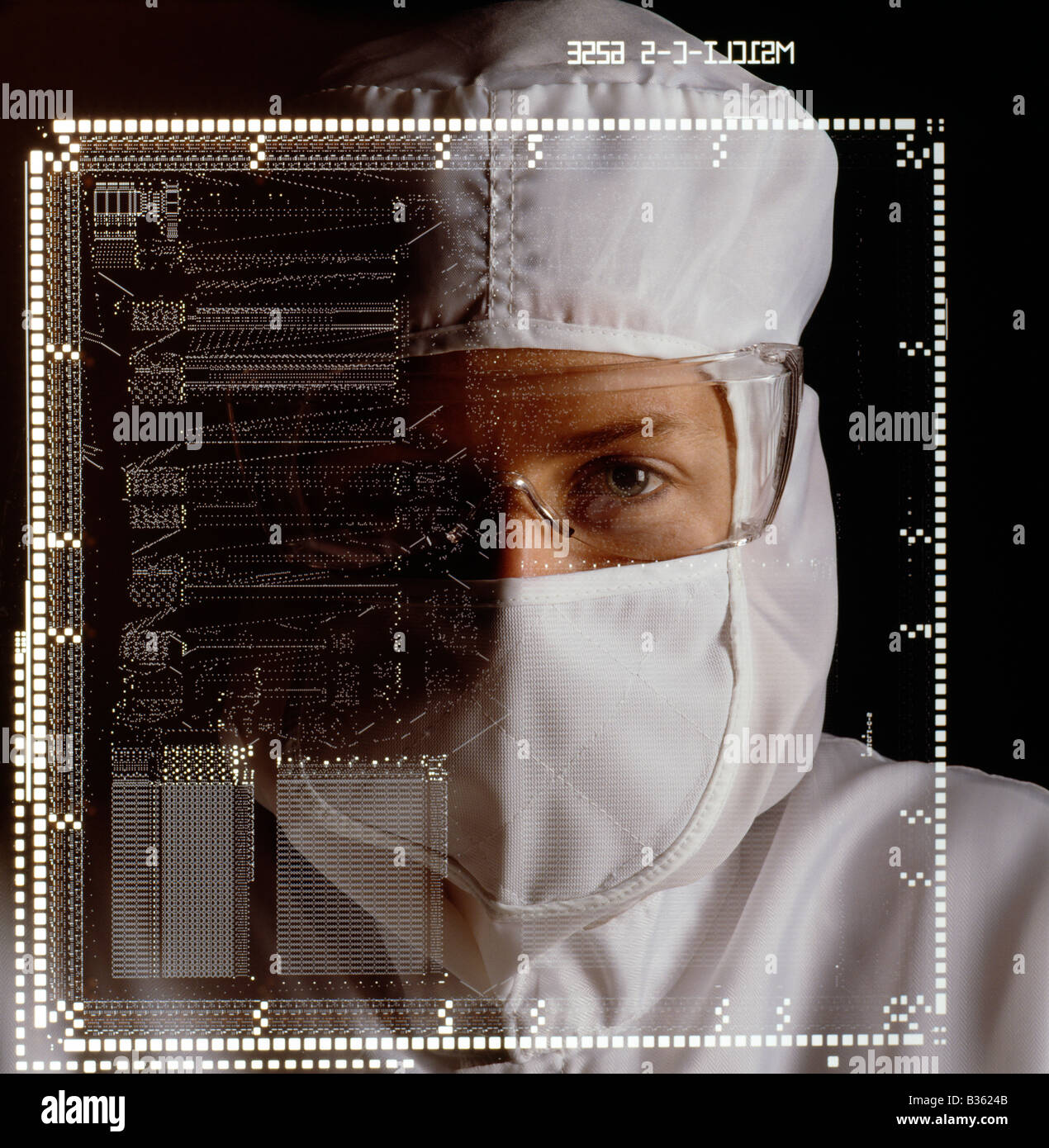 Multiple exposure of female technician and mask used in computer chip ...