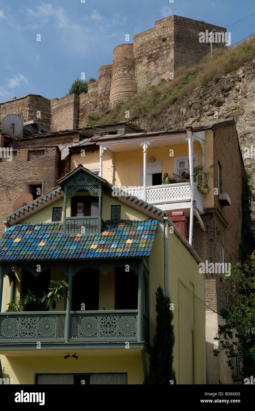 Distinctive style balconies in Old Tbilisi with Narikala fortress ...