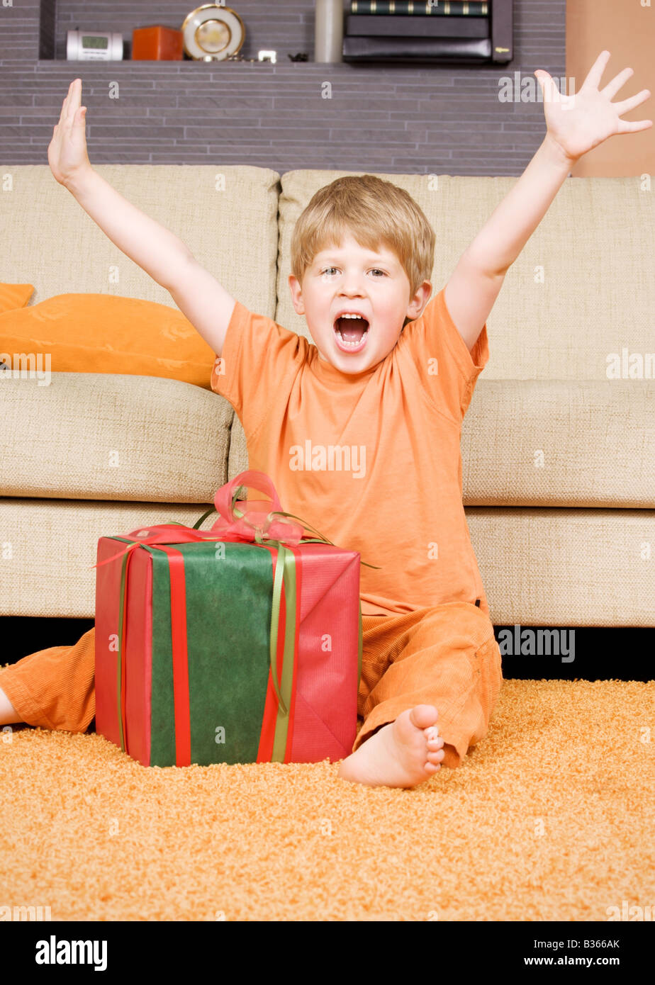 picture of happy boy with big gift box Stock Photo - Alamy