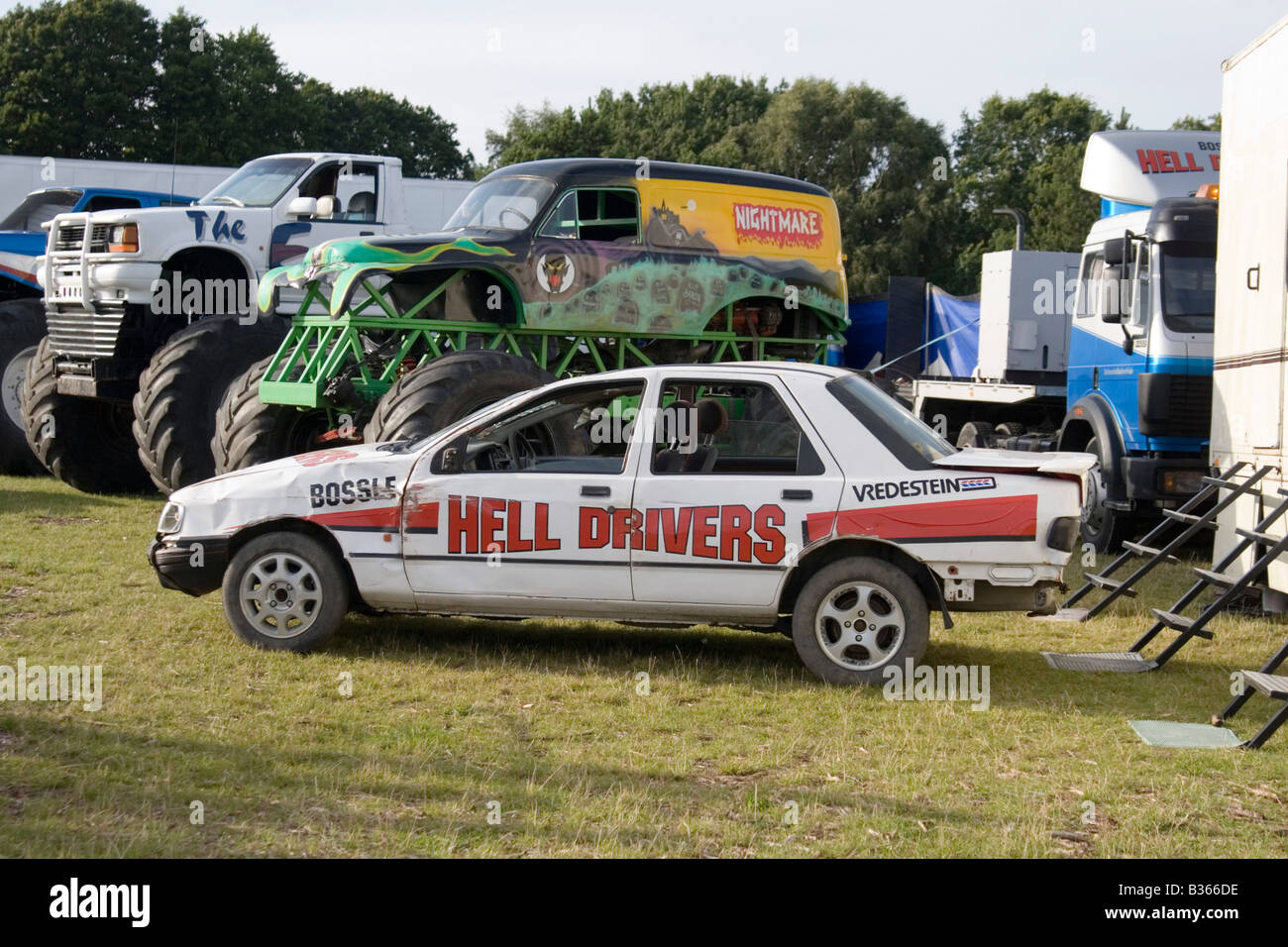 Hell Drivers stunt car and big trucks in Denmark Stock Photo - Alamy