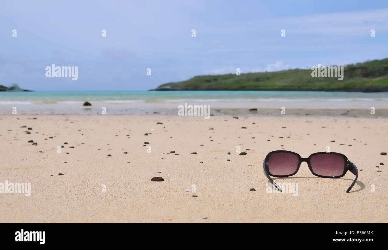 Sunglasses lay abandoned on an island beach, gazing off into the calm ...