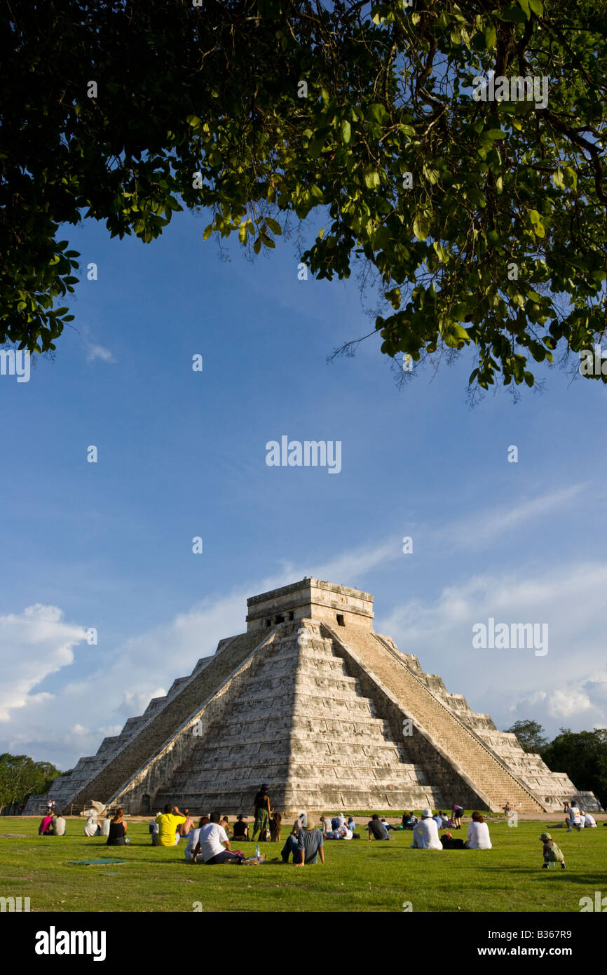 Tourists viewing El Castillo Pyramid of Kukulcan "The Castle" during ...