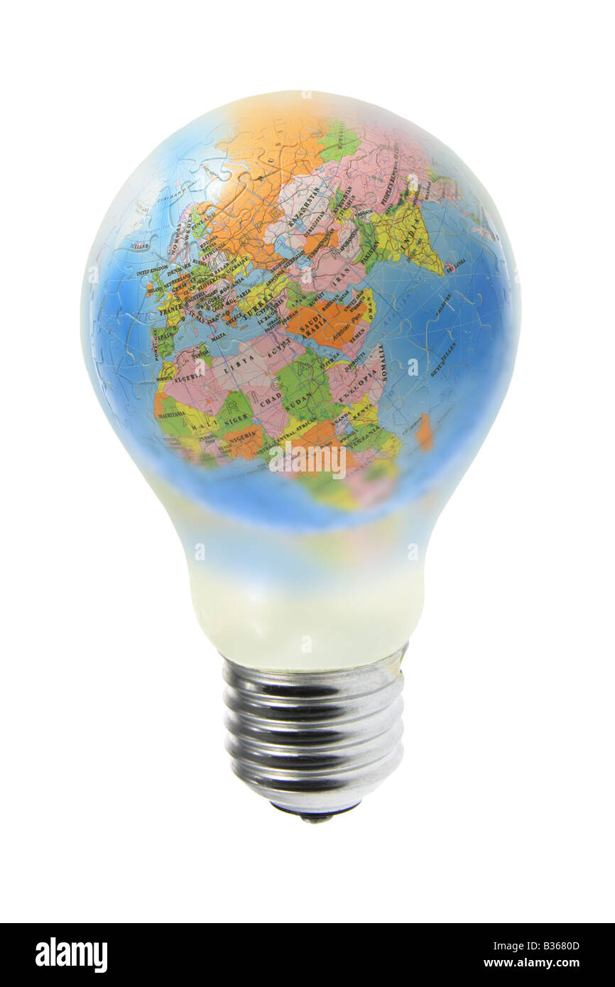 Conceptual image of globe in tungsten light bulb on white background ...