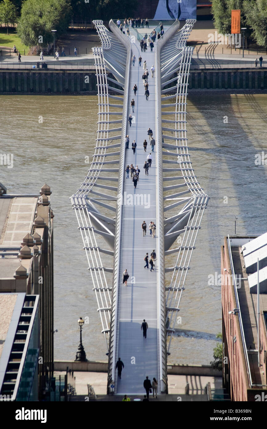 Aerial view of The Millennium Bridge over the river Thames. London ...