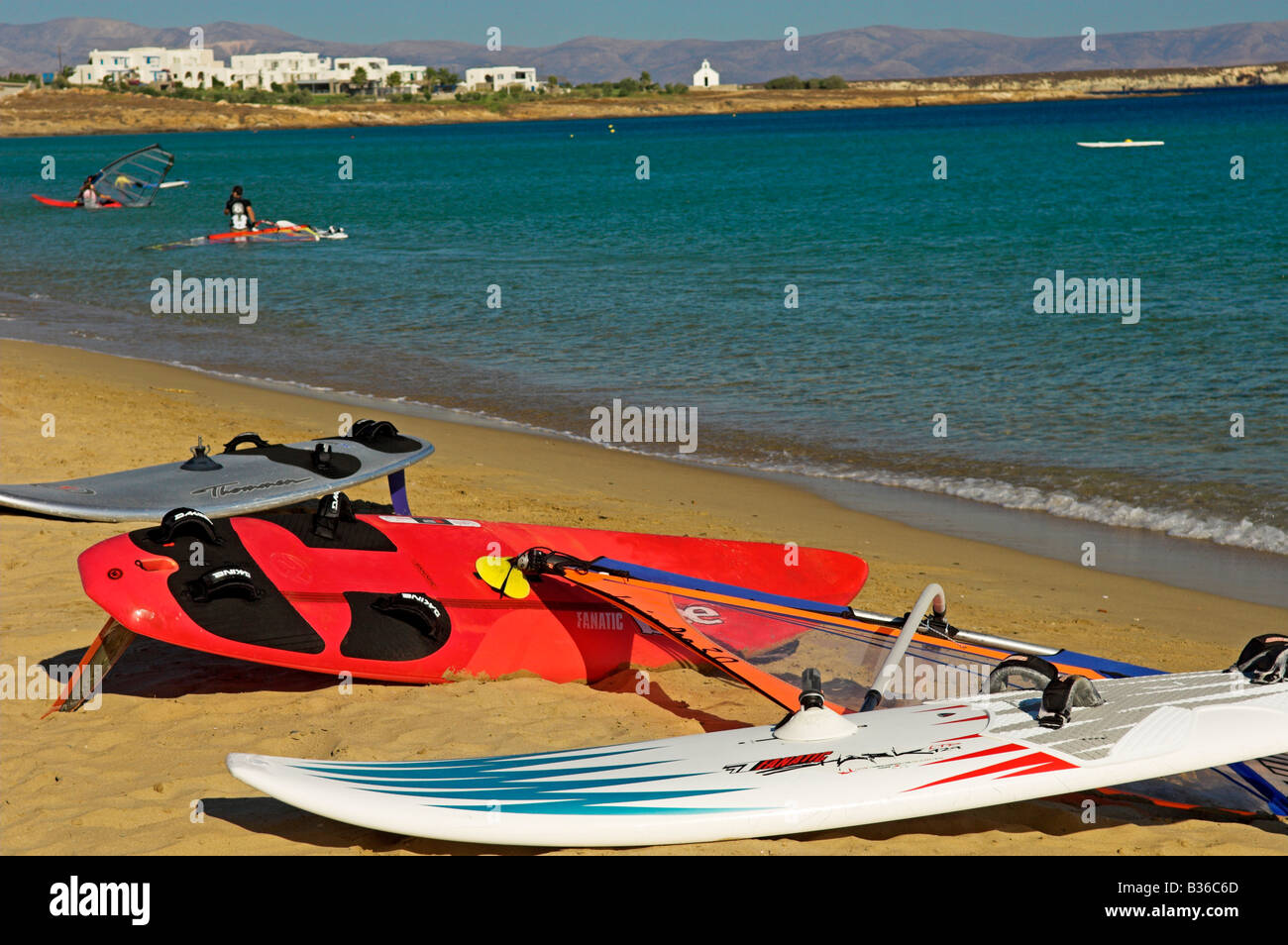 Windsurfing boards on beach at Golden Beach Paros Island Greece Stock ...