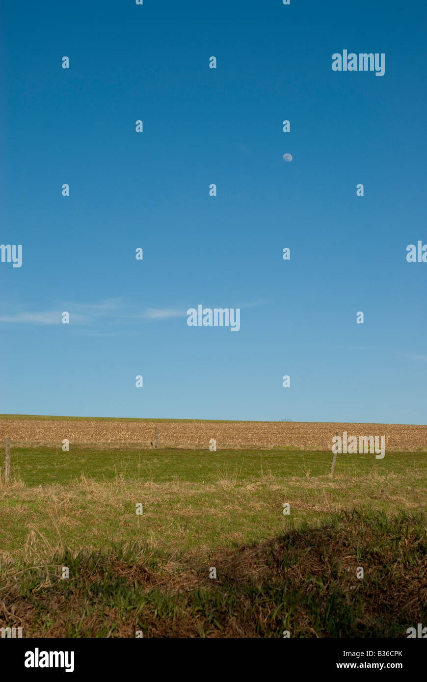 A full moon in a blue sky overlooking a farmers fields Stock Photo - Alamy