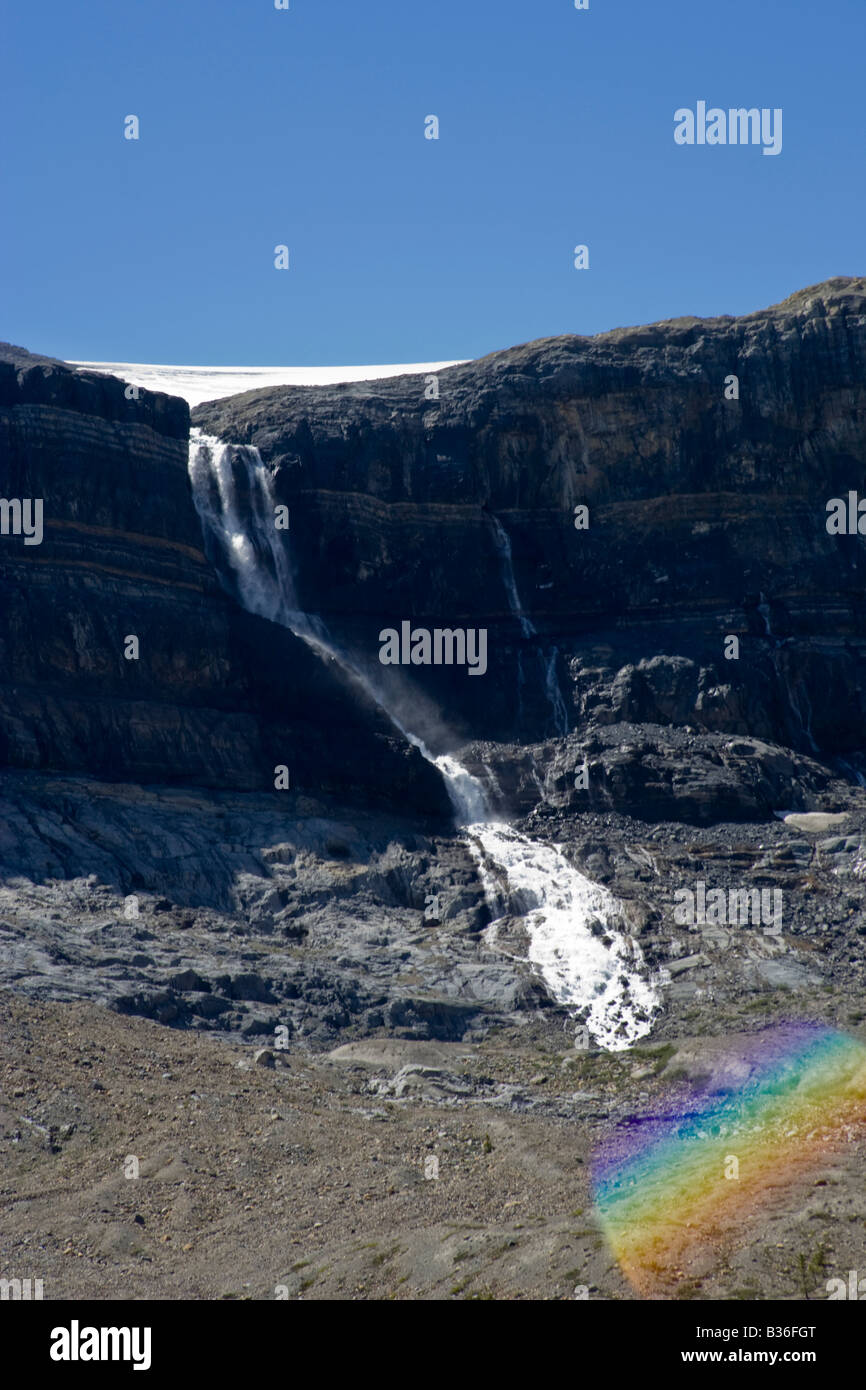 bow glacier with bow glacier falls and rainbow in the canadian rockies ...