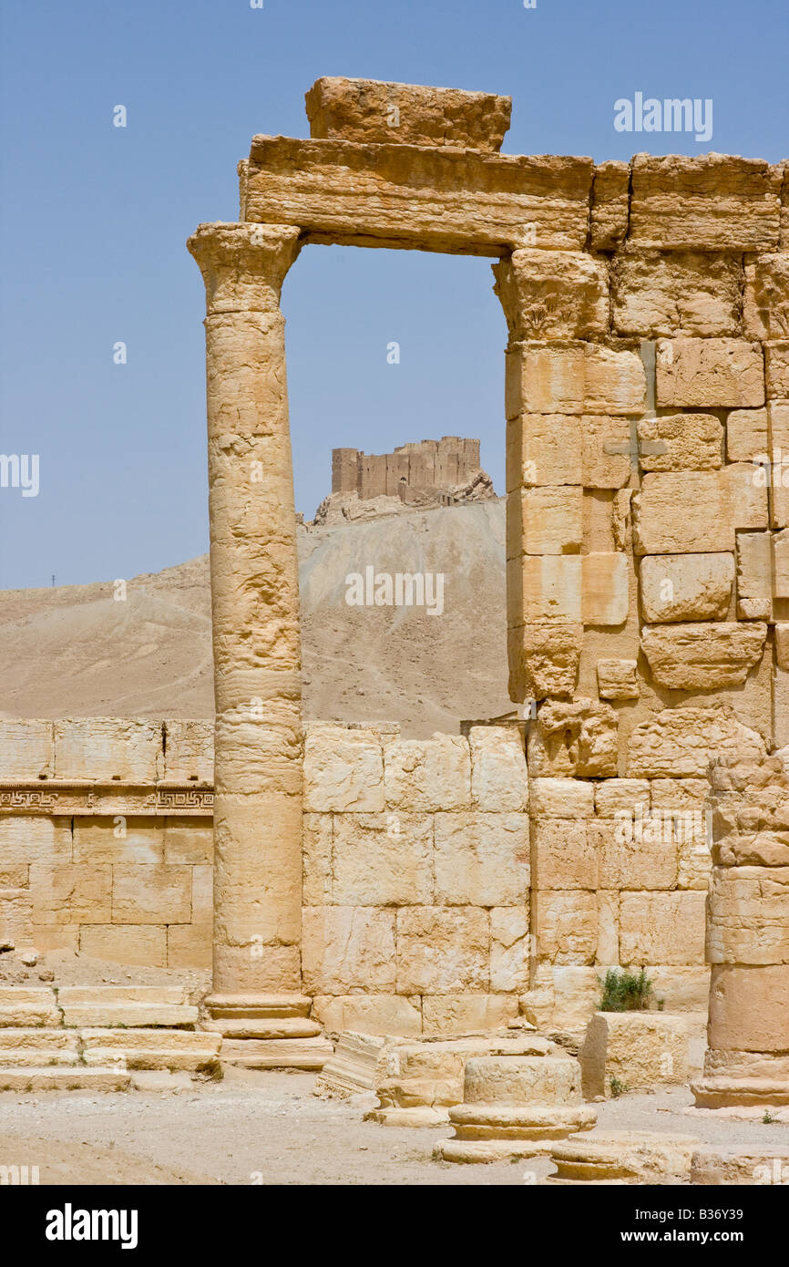 Roman Columns and Arab Castle Qalaat Ibn Maan in Palmyra Syria Stock ...