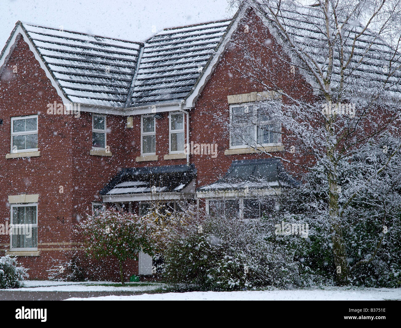 Winter, snowing, red house, trees, covered with snow Stock Photo - Alamy